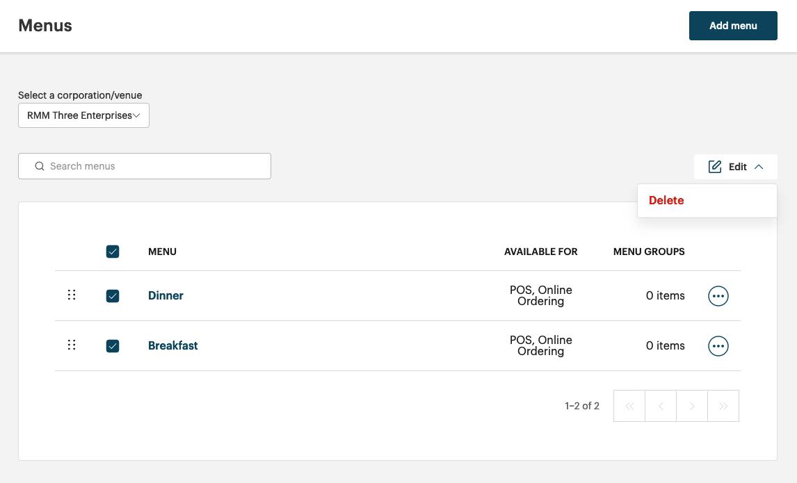 Menu Management: Menus