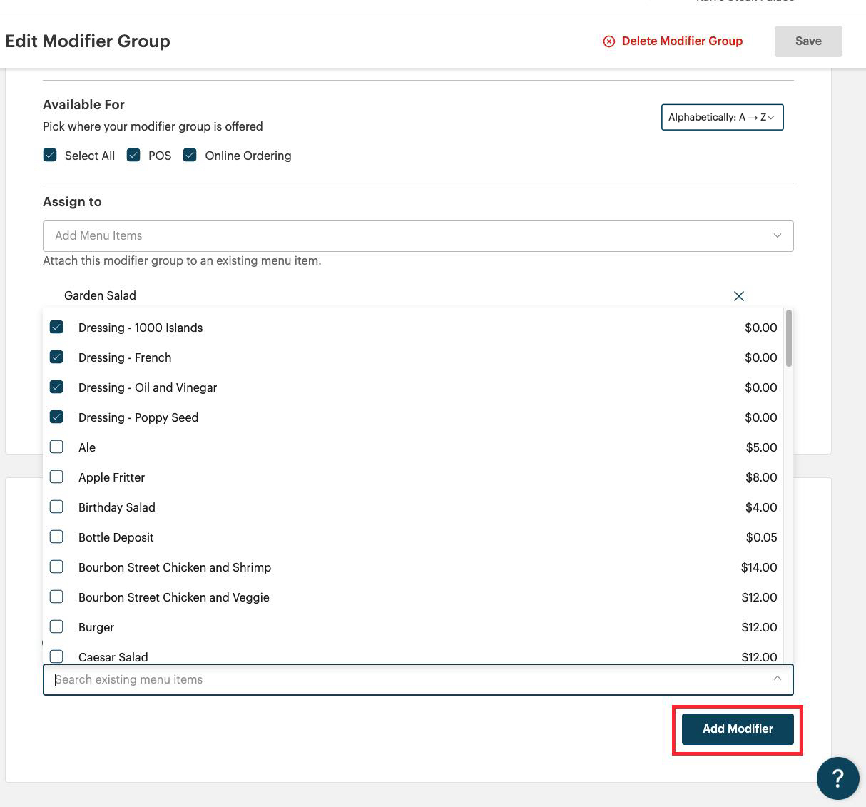Menu Management: Modifier Groups