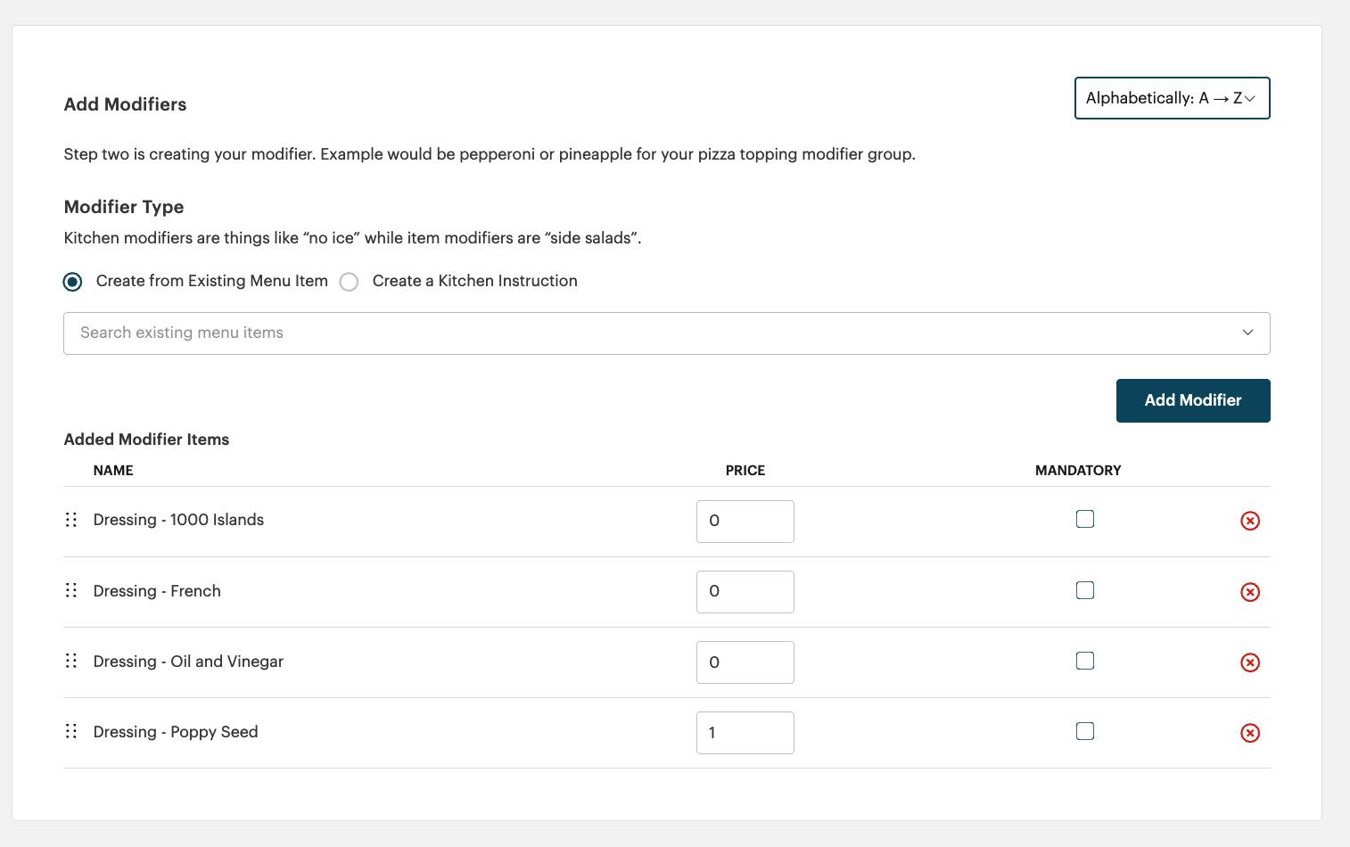 Menu Management: Modifier Groups