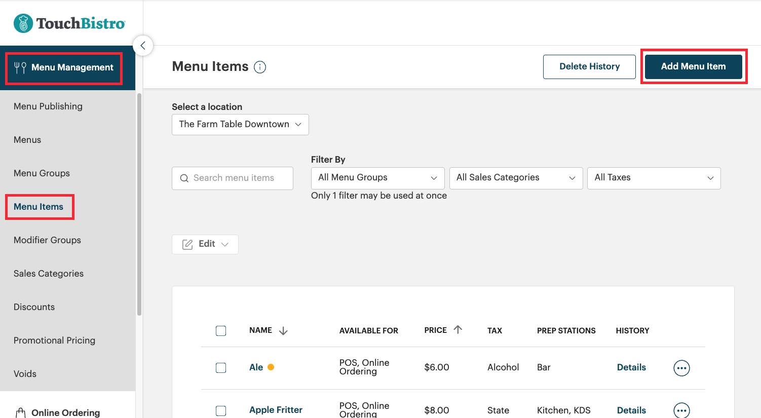 Menu Management: Menu Items