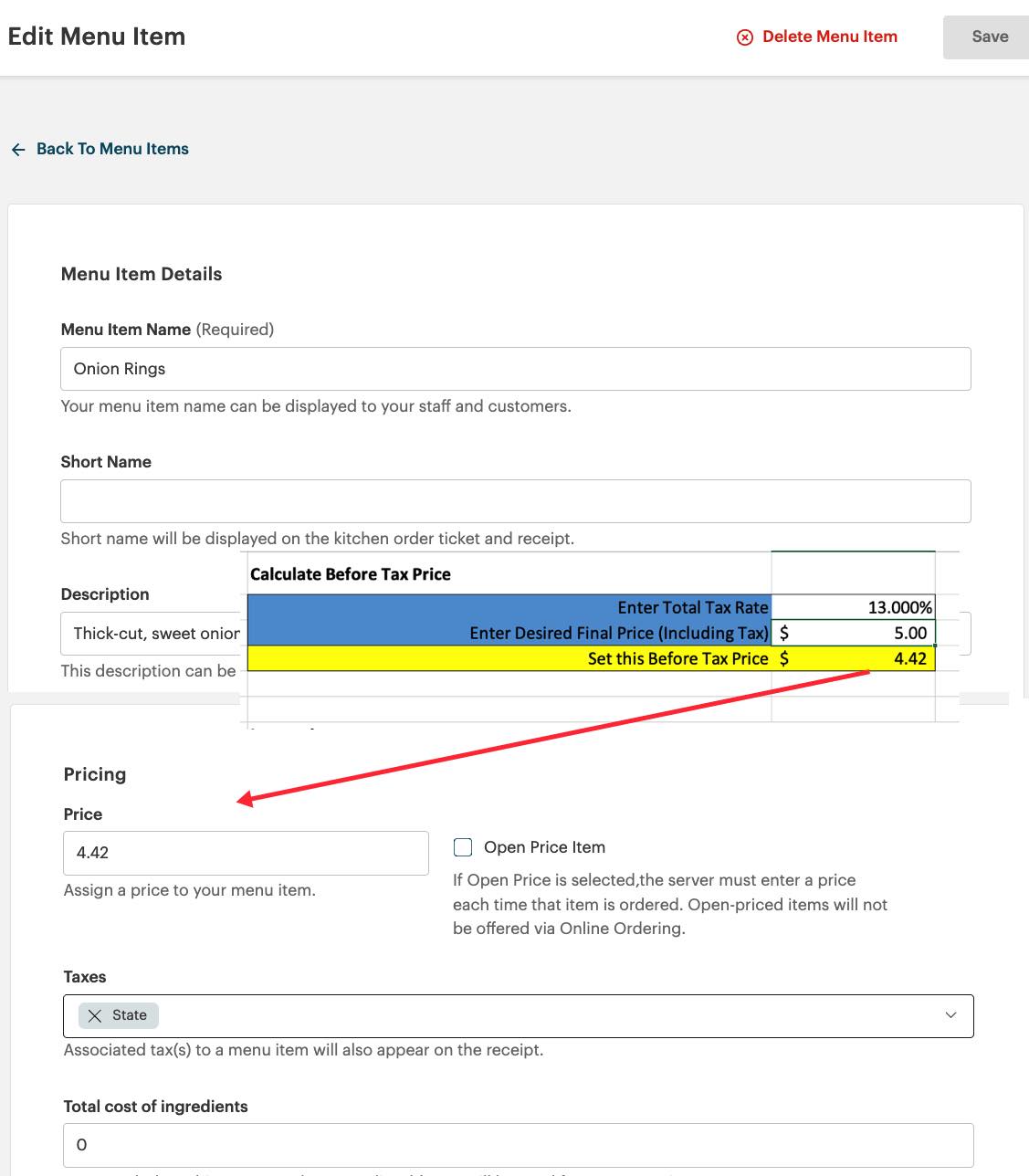 Setting Menu Items to Include Taxes in Menu Item Prices
