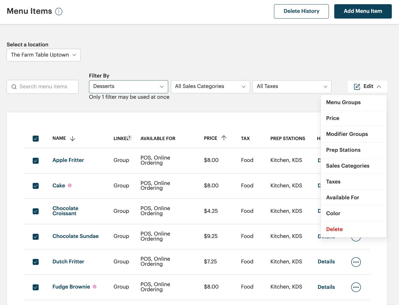 Menu Management: Menu Items
