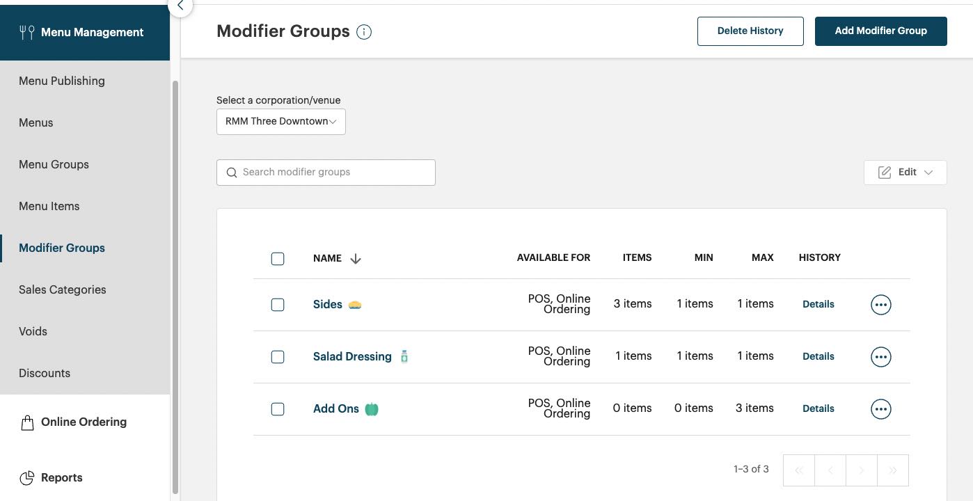Menu Management: Modifier Groups