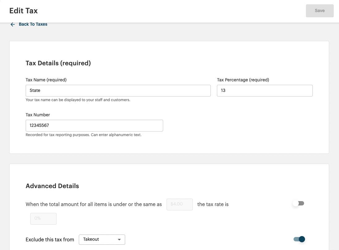 Menu Management: Tax Settings