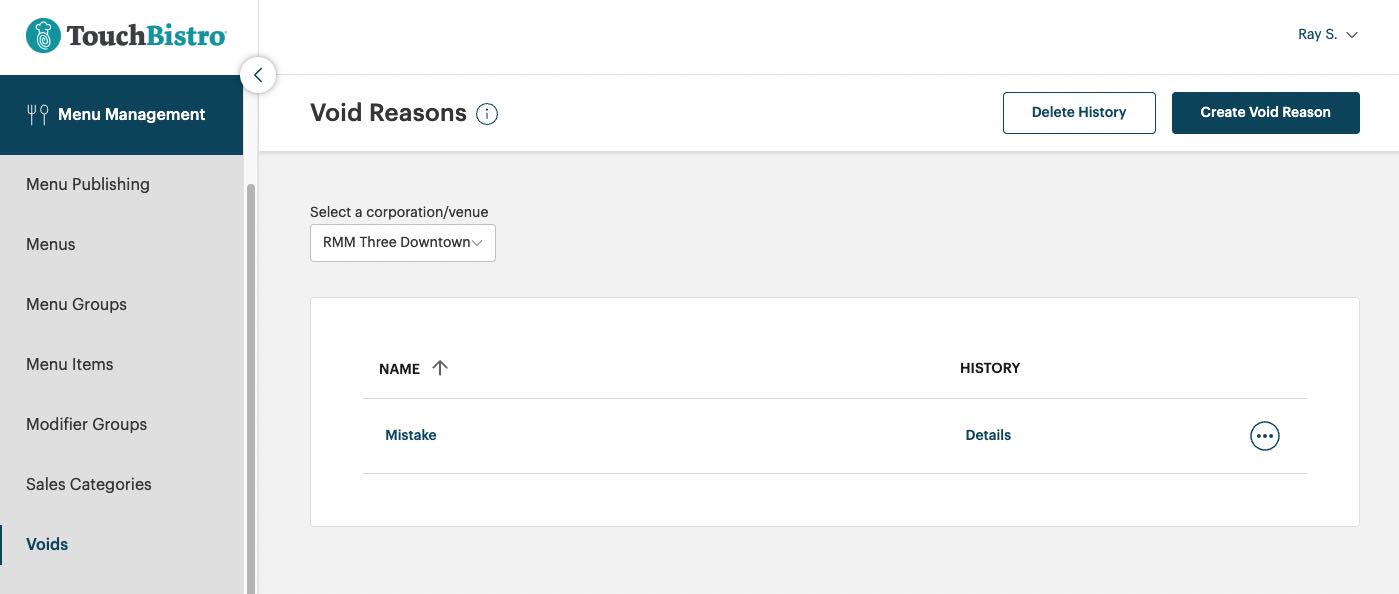 Menu Management: Void Reasons