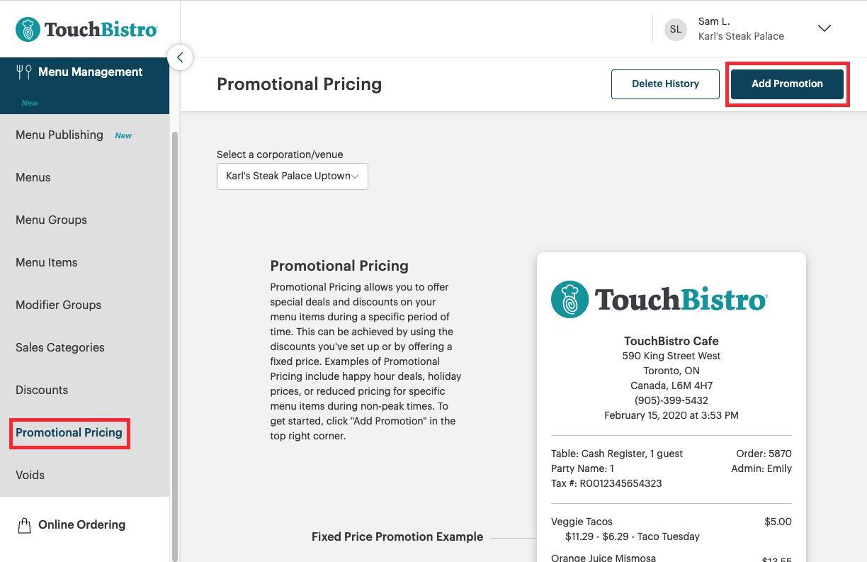 Menu Management: Promotional Pricing