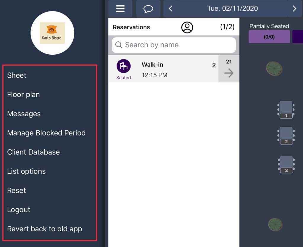 Using the Main Menu In the TouchBistro Reservations App