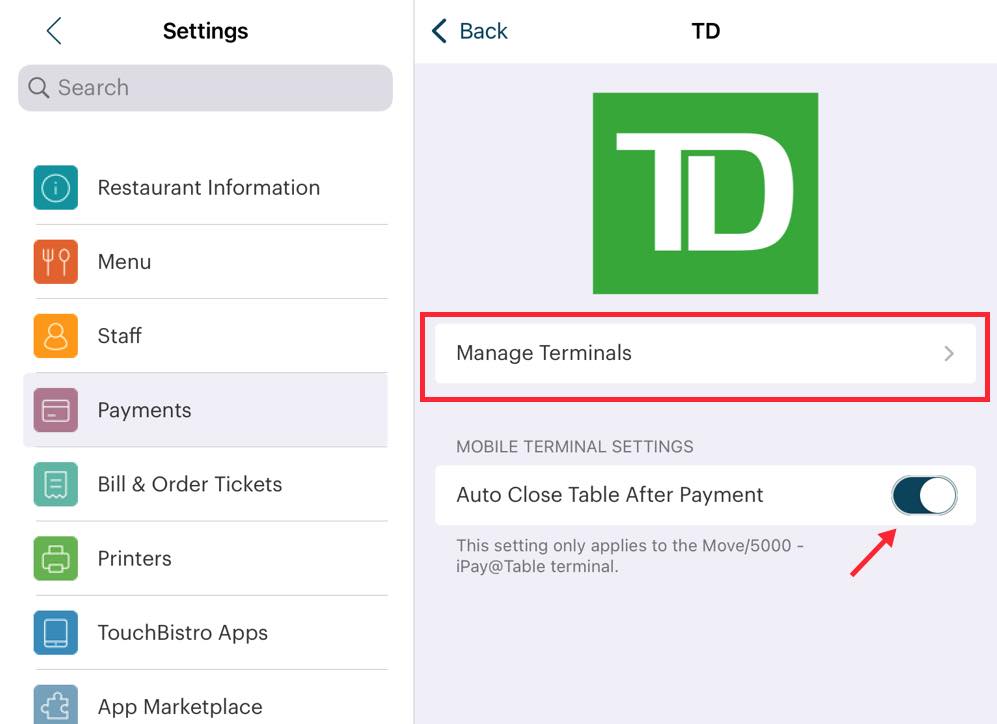 How to Set Up a TD Move/5000 for iPay@Table